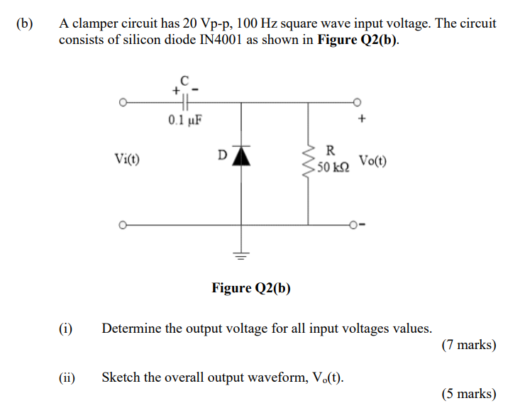 Solved (b) A clamper circuit has 20 Vp-p, 100 Hz square wave | Chegg.com