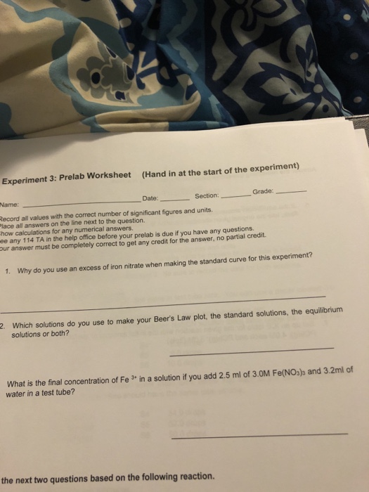 Solved Experiment 3 Prelab Worksheet Hand In At The Start Chegg
