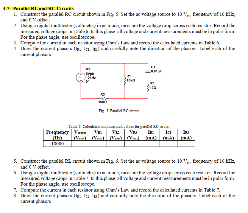 Solved 4.7 Parallel RL and RC Circuits 1. Construct the | Chegg.com
