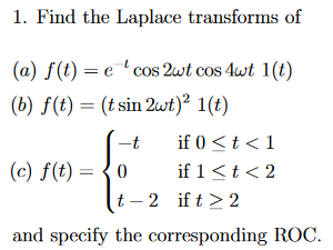 Solved 1. Find the Laplace transforms of (a) f(t) = e cos | Chegg.com