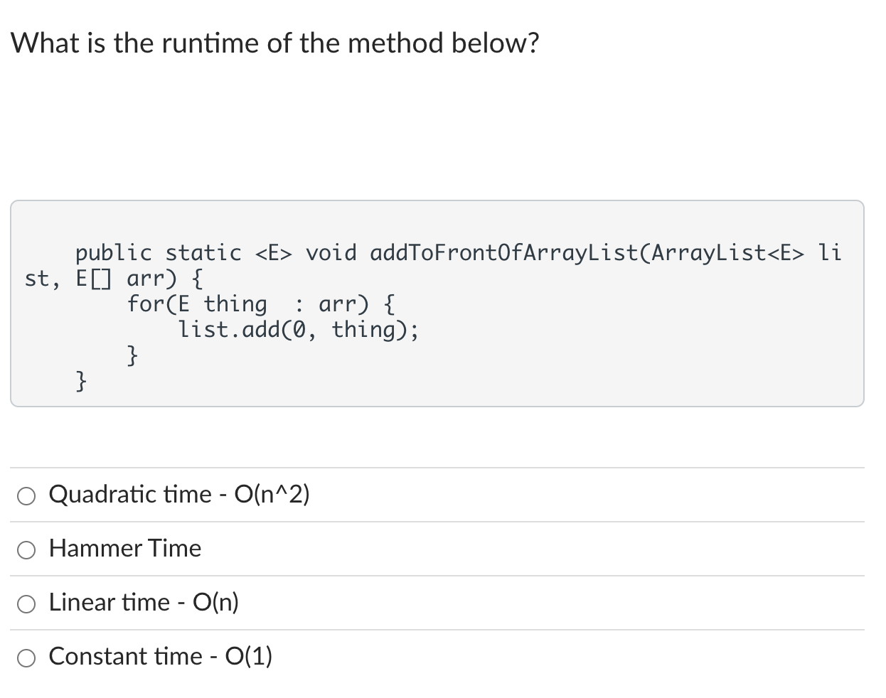 Solved What is the runtime of the method below? public | Chegg.com