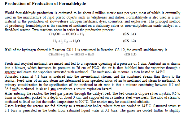 Production of Production of Formaldehyde World | Chegg.com