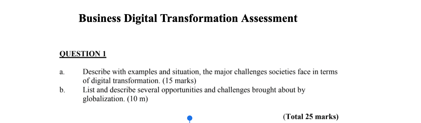 Solved Business Digital Transformation Assessment QUESTION 1 | Chegg.com