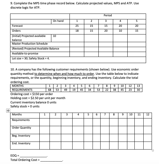 Solved 9. Complete the MPS time phase record below. | Chegg.com