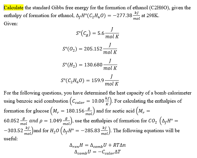 Solved Calculate the standard Gibbs free energy for the | Chegg.com