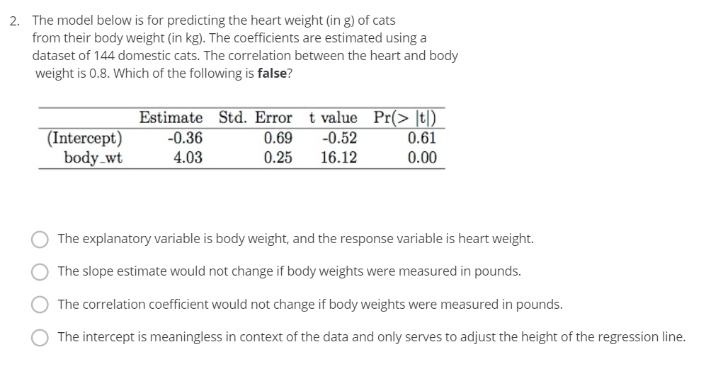 Solved 2. The model below is for predicting the heart weight | Chegg.com