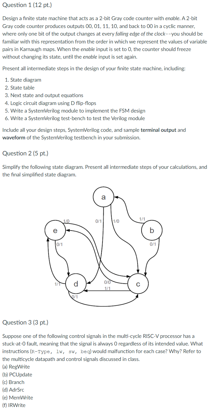 Solved Question 1 (12 pt.) Design a finite state machine | Chegg.com