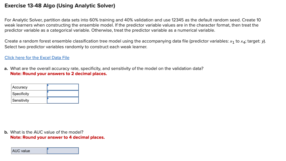 For Analytic Solver, partition data sets into 60% | Chegg.com