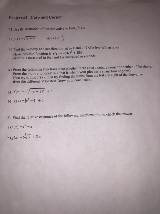 Solved Project #2 Cusp and Corner #1 Use the definition of | Chegg.com