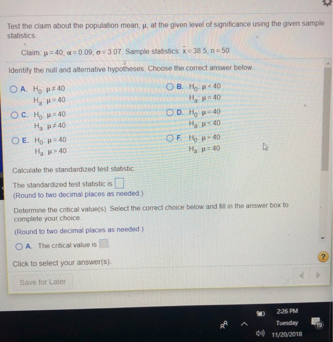 Solved Test the claim about the population mean, μ, at the | Chegg.com