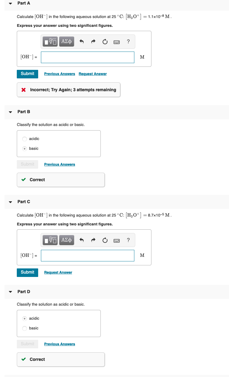 Solved Part A Calculate (OH- ) in the following aqueous | Chegg.com