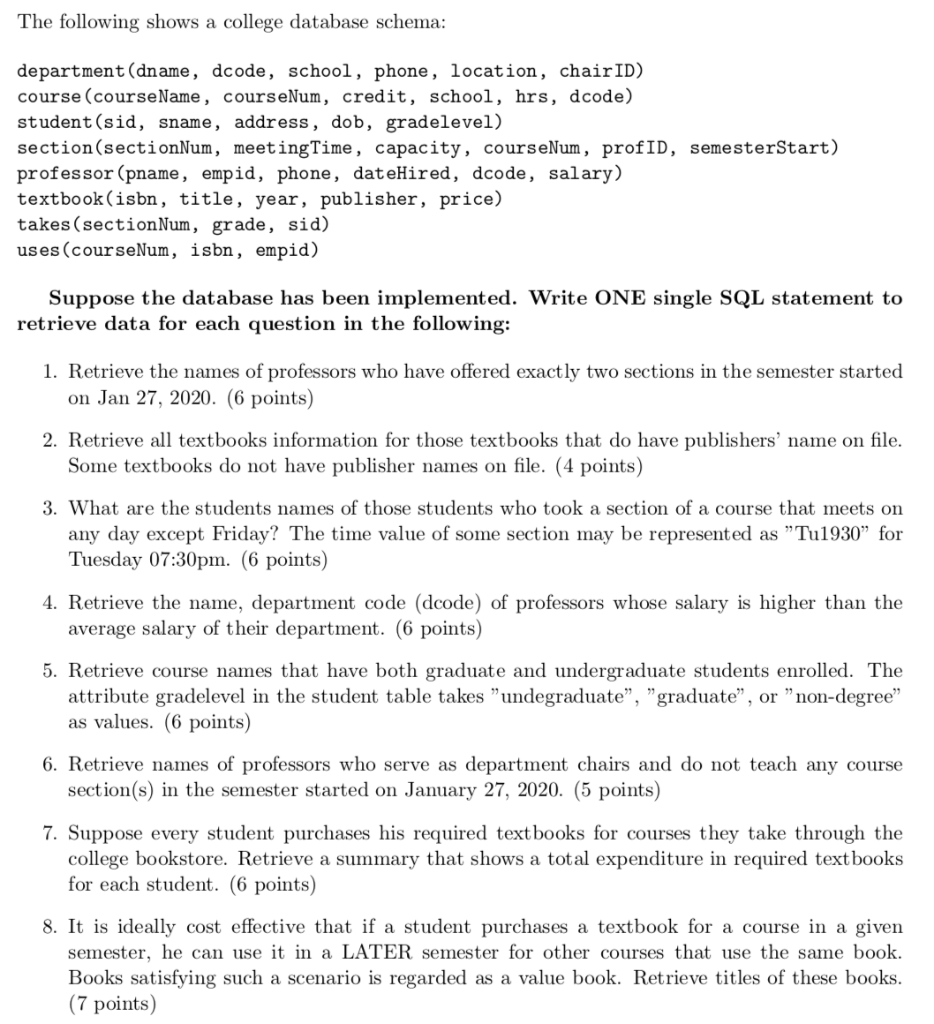 Solved The following shows a college database | Chegg.com