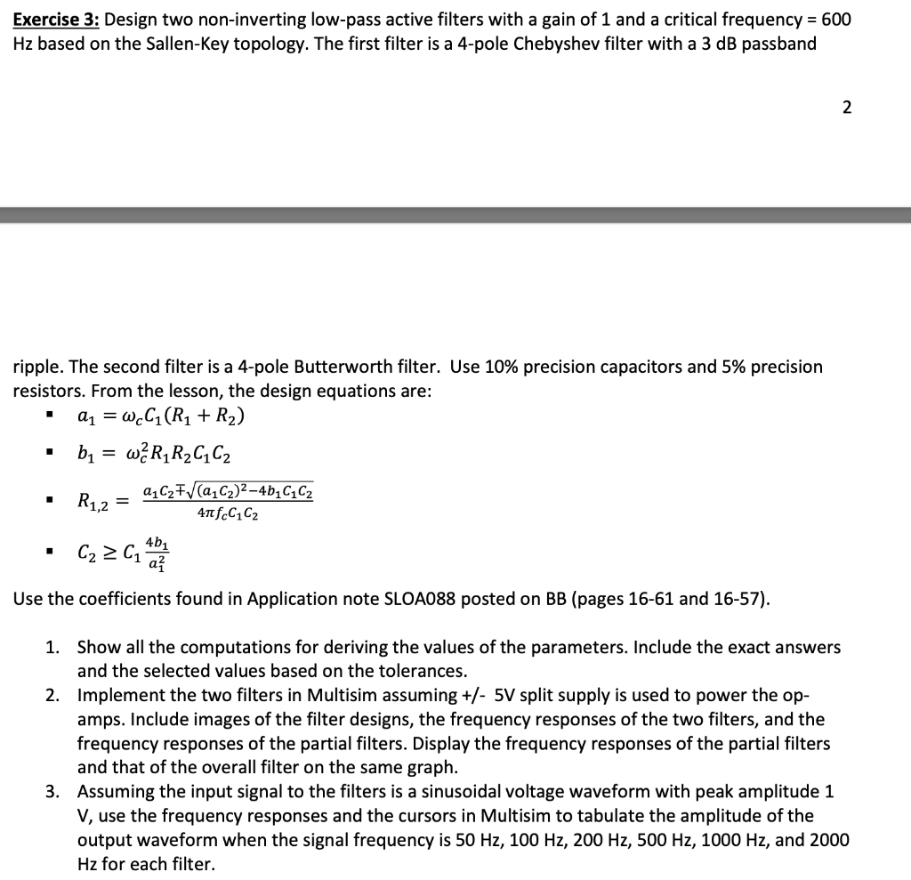 Exercise 3: Design two non-inverting low-pass active | Chegg.com