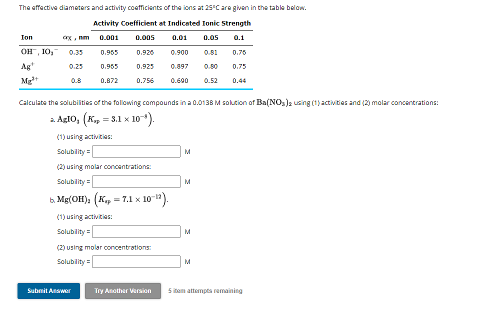 Solved The effective diameters and activity coefficients of | Chegg.com