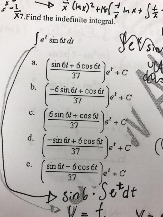 Solved Find the indefinite integral. Integral e^t sin6t dt | Chegg.com