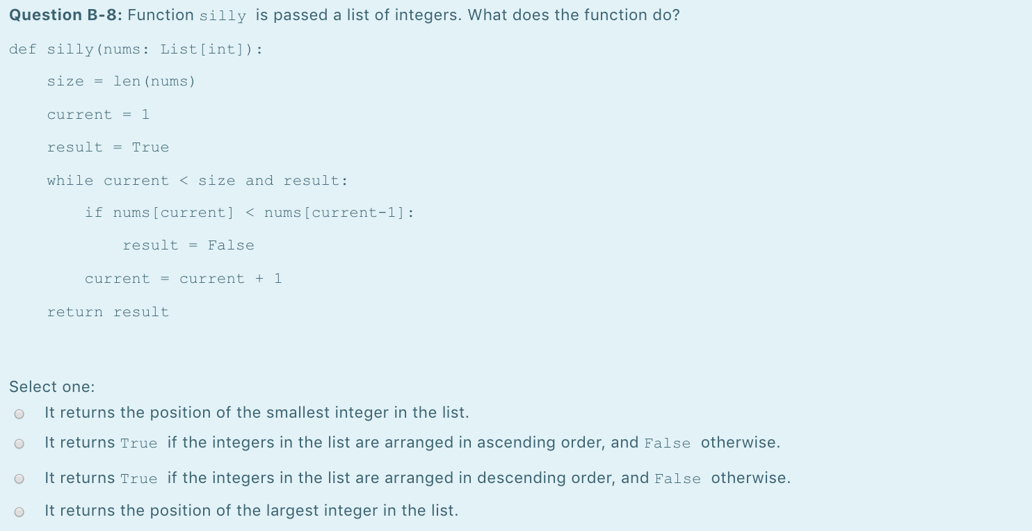 Solved Question B-8: Function silly is passed a list of | Chegg.com