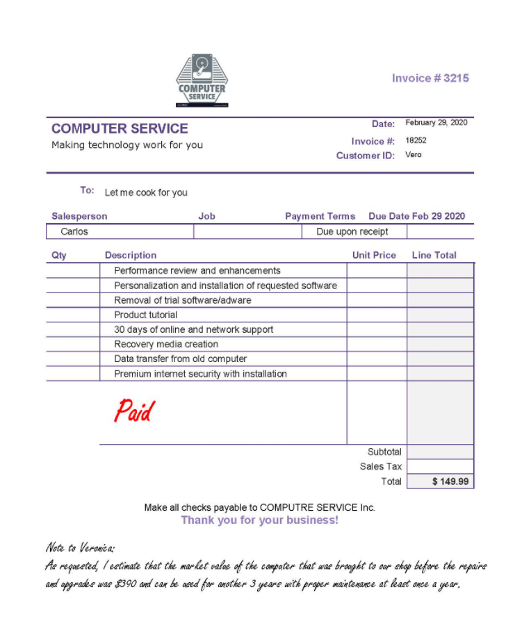 Solved Ils Invoice #3215 COMPUTER SERVICE COMPUTER SERVICE | Chegg.com