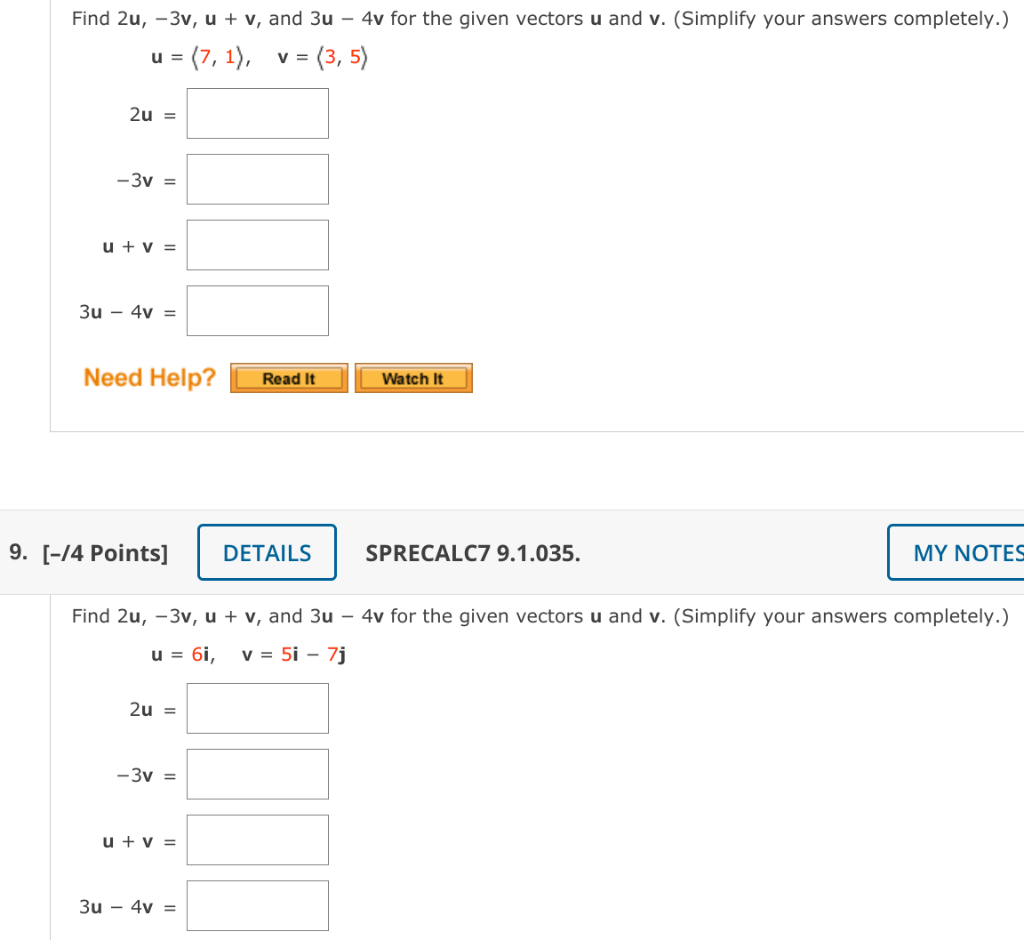 Solved Find 2u, -3v, u + v, and 3u - 4v for the given | Chegg.com Solved Find 2u, -3v, u + v, and 3u - 4v for the given | Chegg.com