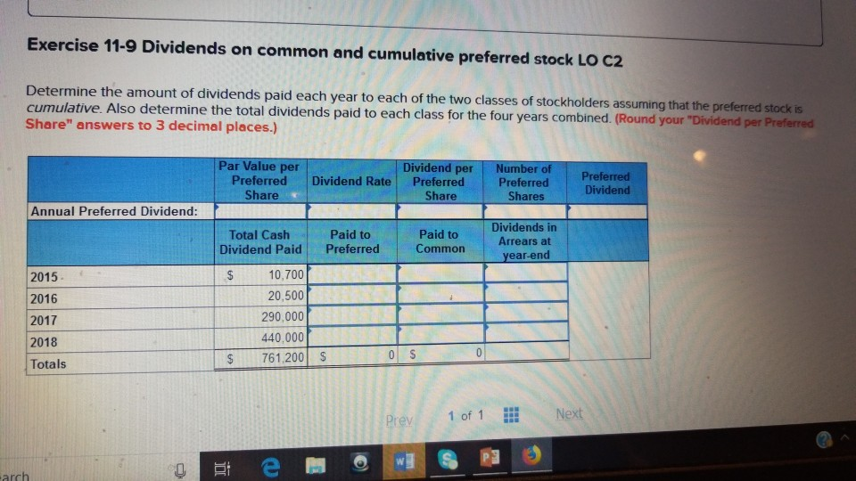 Solved Exercise 11-9 Dividends on common and cumulative | Chegg.com