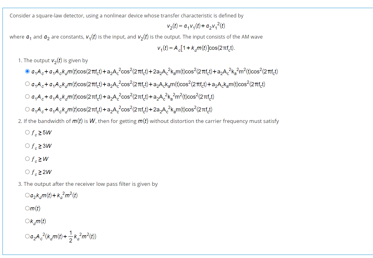 Solved Consider a square-law detector, using a nonlinear | Chegg.com