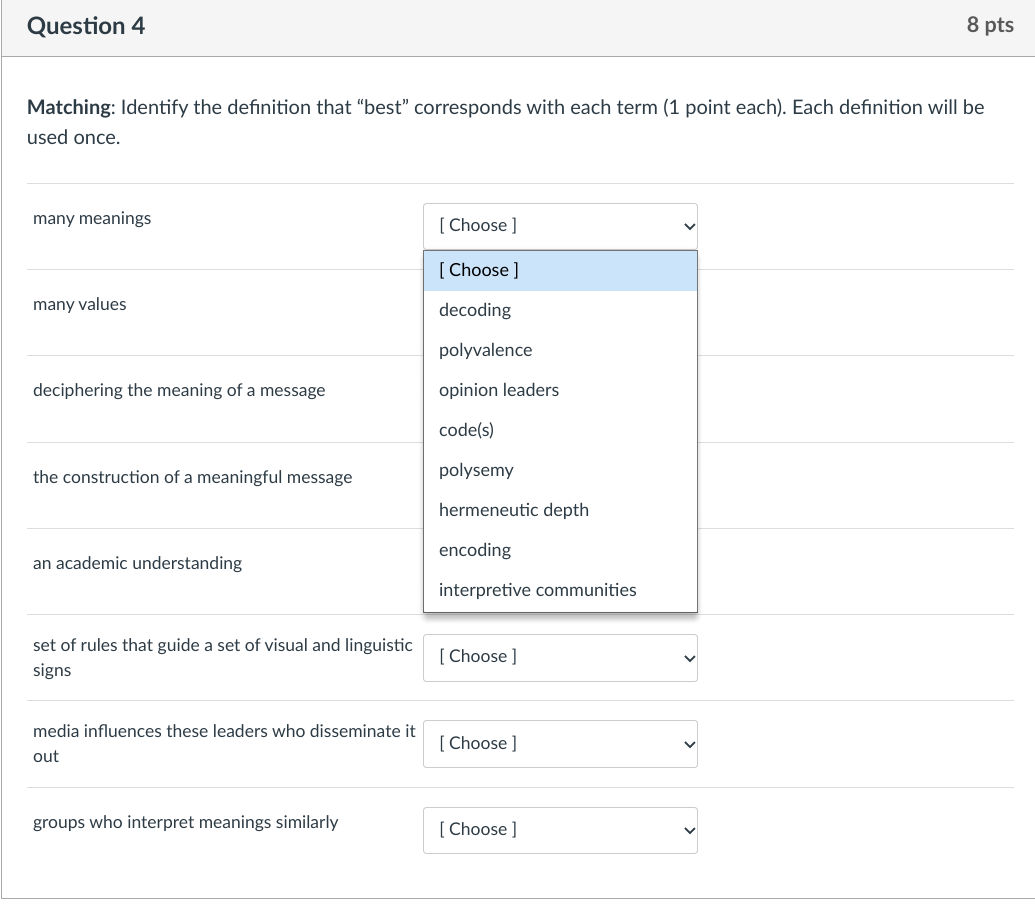Solved Question 4 8 pts Matching: Identify the definition | Chegg.com