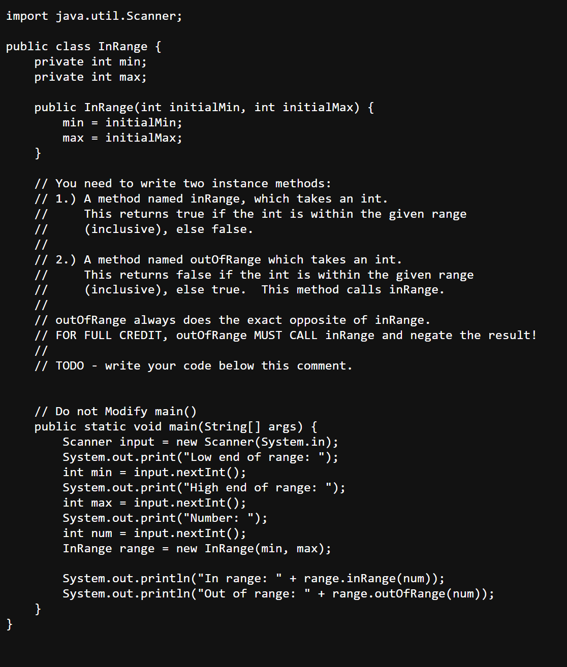 Solved JAVA CODE public class InRange {private int max; | Chegg.com