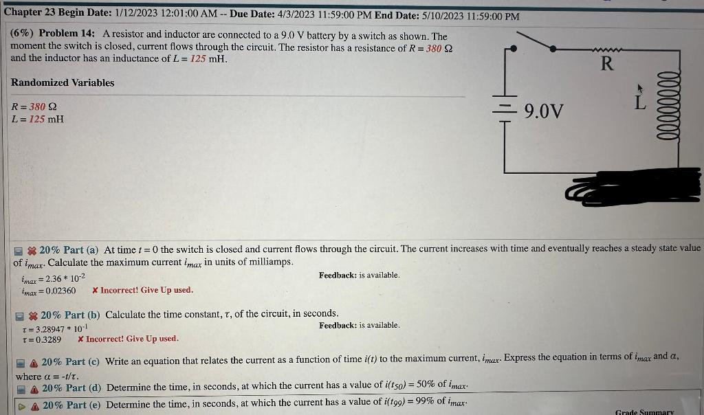 Solved (6\%) Problem 14: A resistor and inductor are | Chegg.com