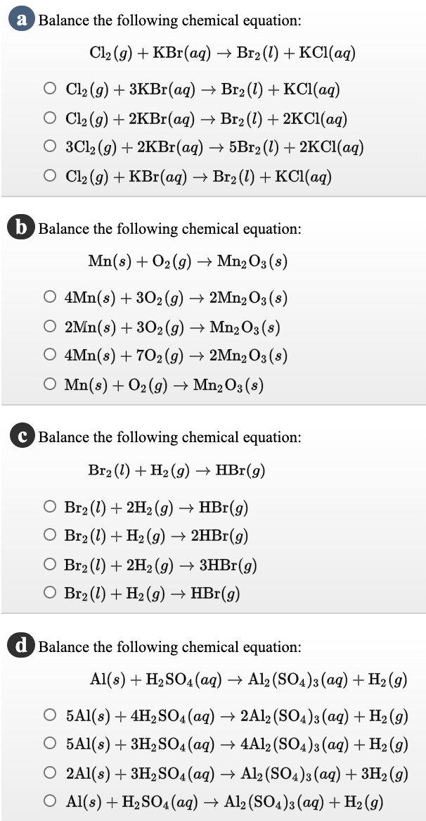 Solved a Balance the following chemical equation: Cl2(g) + | Chegg.com