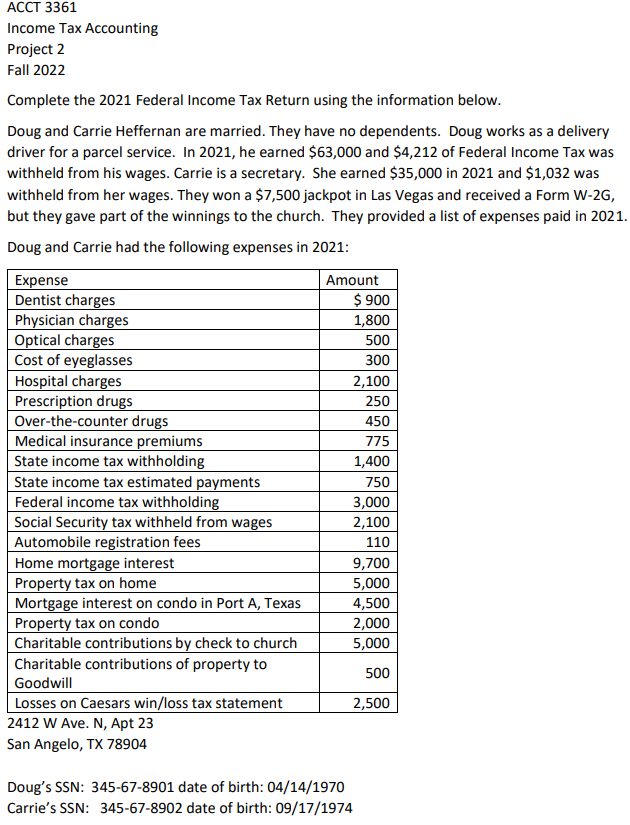 Income Tax Accounting Project 2 Fall 2022 Complete | Chegg.com