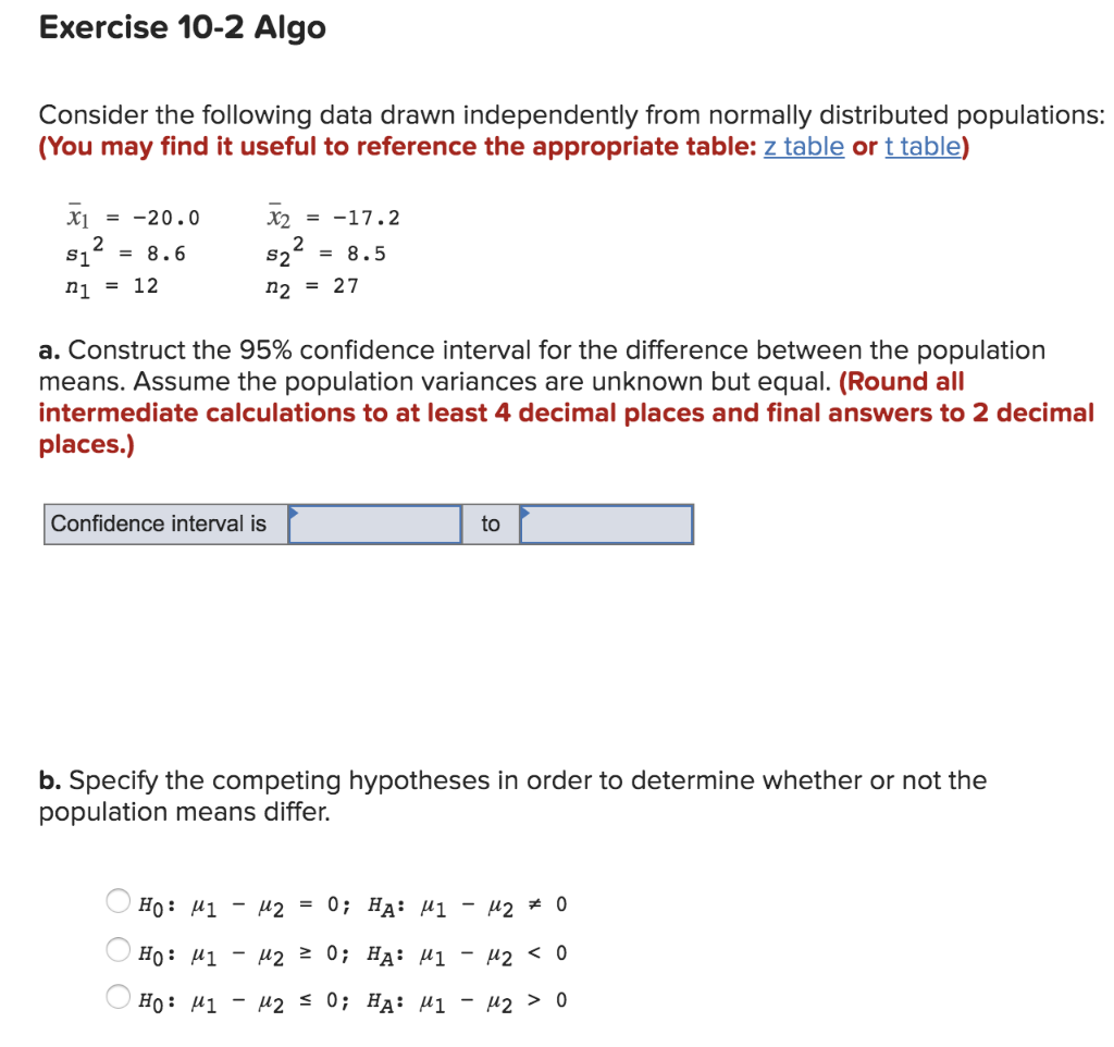Solved Exercise 10-2 Algo Consider the following data drawn | Chegg.com