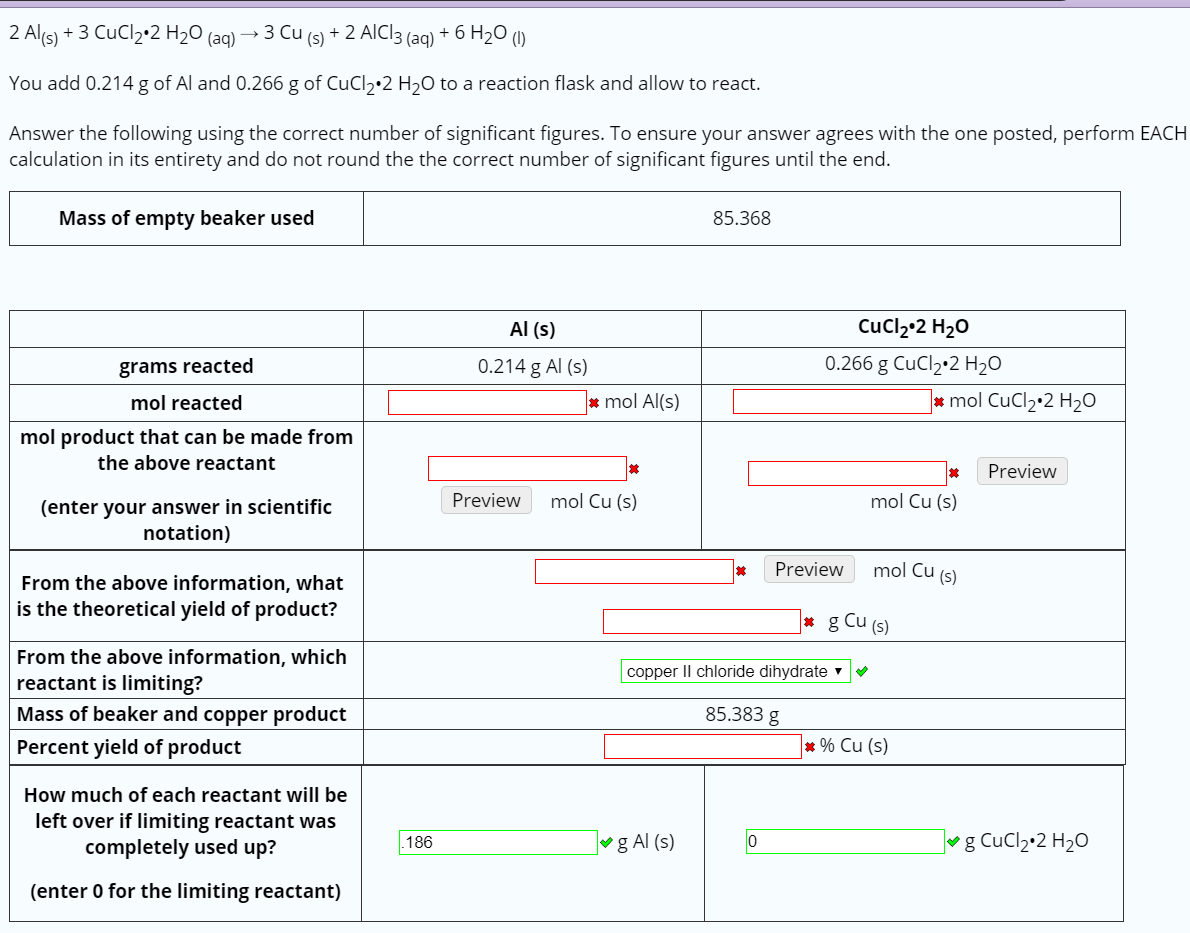 Solved 2 Al(s) + 3 CuCl2.2 H20 (aq) -- 3 CU (s) + 2 AlCl3 | Chegg.com