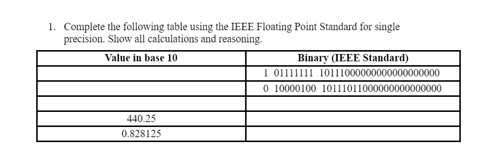 Solved 1. Complete the following table using the IEEE | Chegg.com