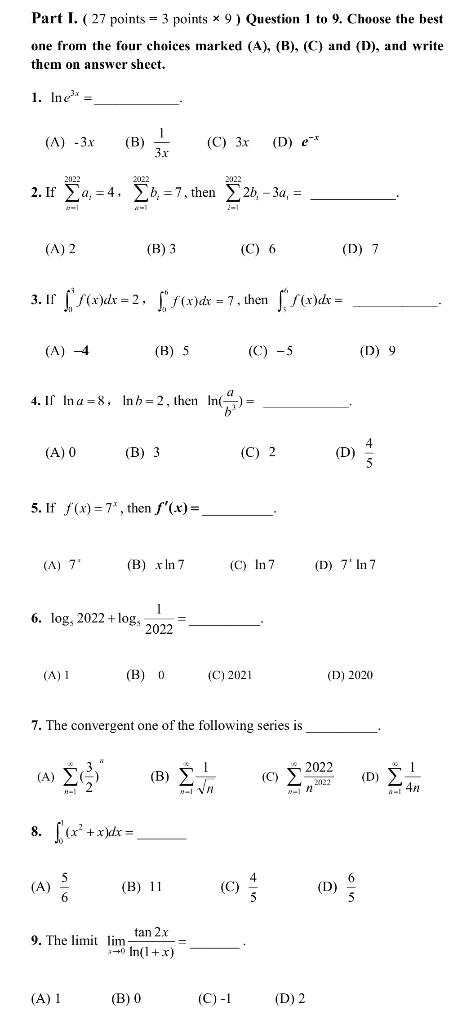 Solved Part I. (27 points = 3 points x 9) Question 1 to 9. | Chegg.com
