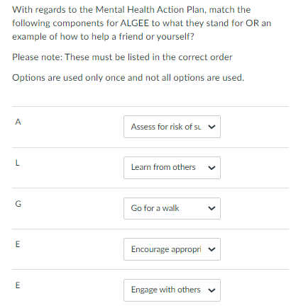 Solved With regards to the Mental Health Action Plan, match | Chegg.com