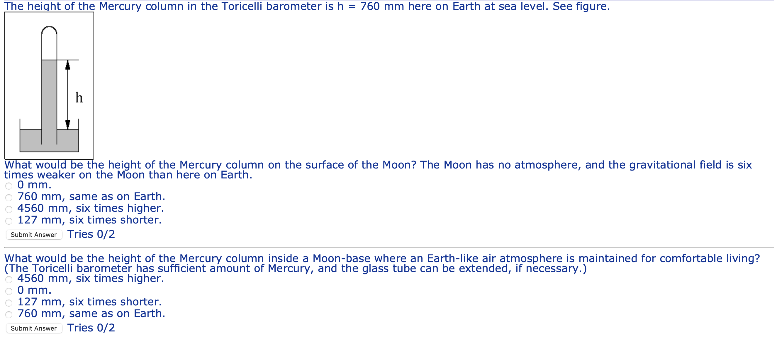 Solved The height of the Mercury column in the Toricelli | Chegg.com