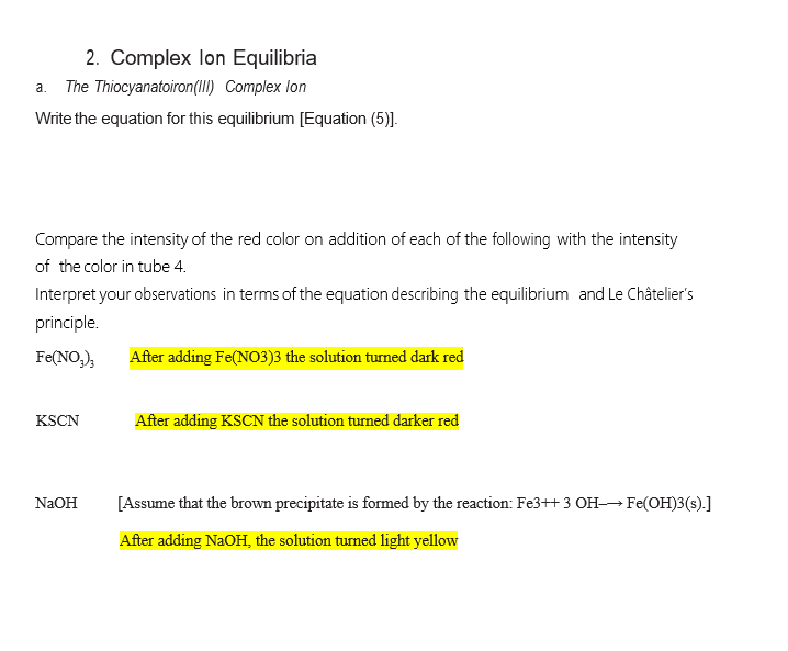 Solved OBSERVATIONS AND DATA 1. The Shifting of Equilibria | Chegg.com