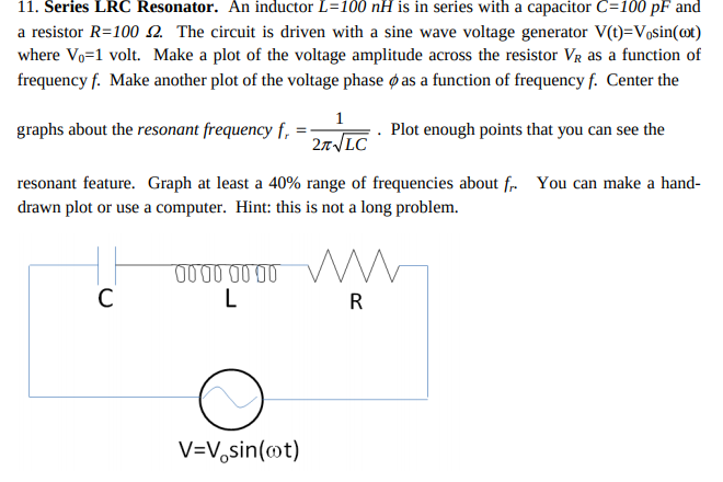 Solved 11. Series LRC Resonator. An inductor L-100 nH is in | Chegg.com