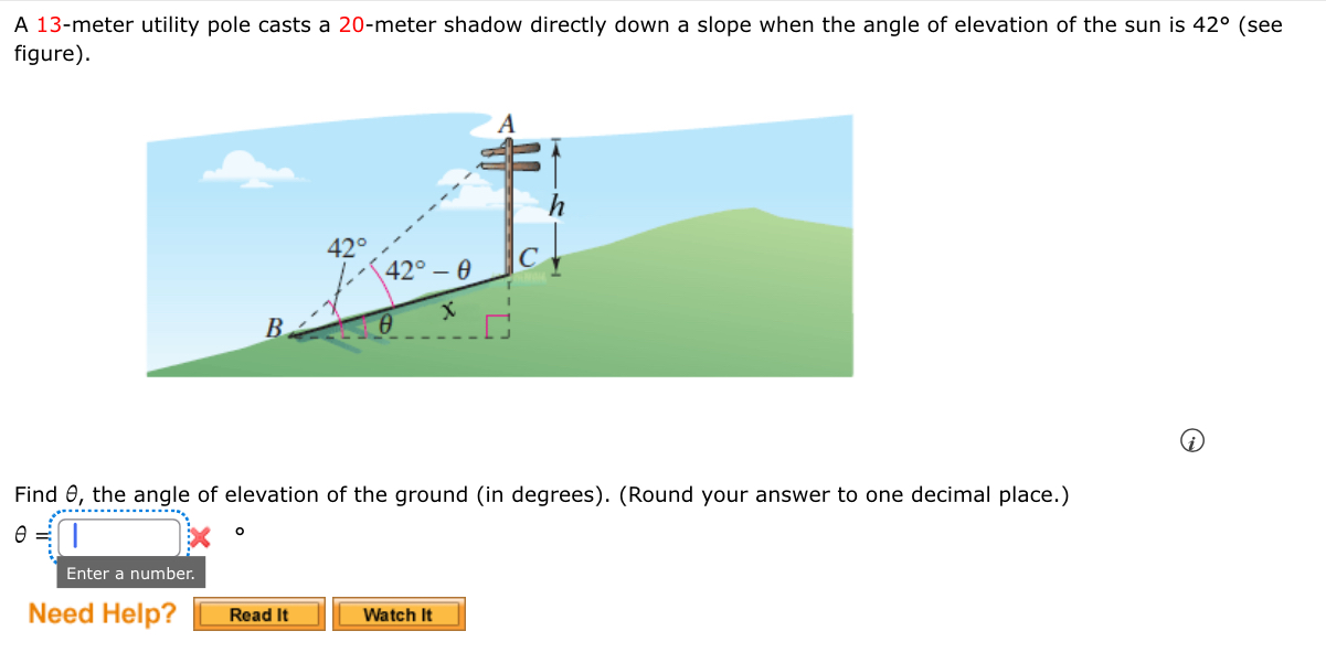 Solved A 13-meter utility pole casts a 20 -meter shadow | Chegg.com