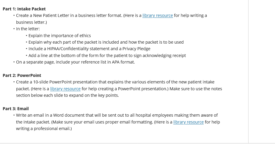 Part 1: Intake Packet • Create a New Patient Letter | Chegg.com