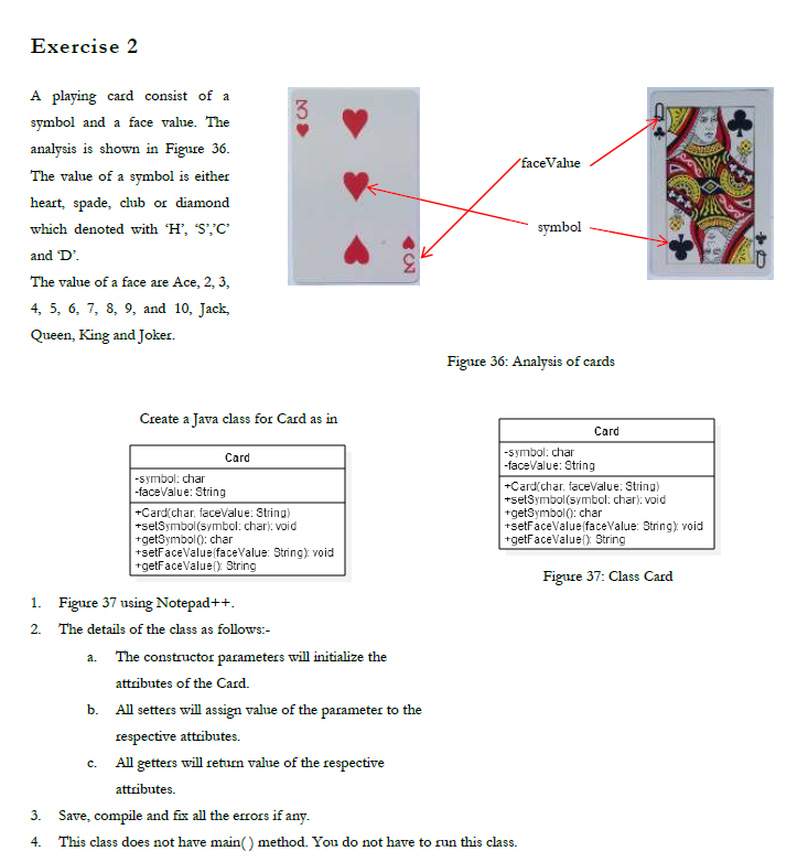 Solved Exercise 2 CON faceValue A playing card consist of a | Chegg.com