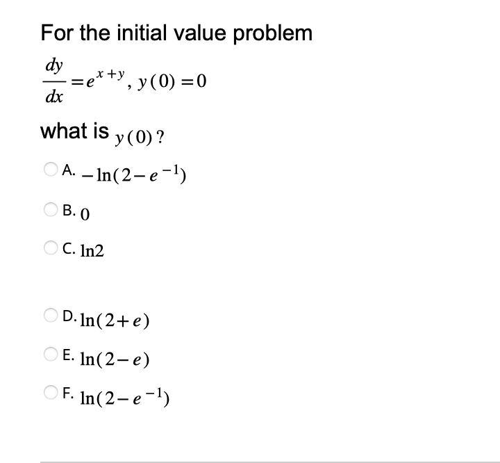 Solved For the initial value problem dxdy=ex+y,y(0)=0 what | Chegg.com