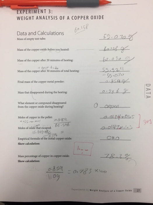 Solved EXPERIMENT 3 WEIGHT ANALYSIS OF A COPPER OXIDE 158 | Chegg.com