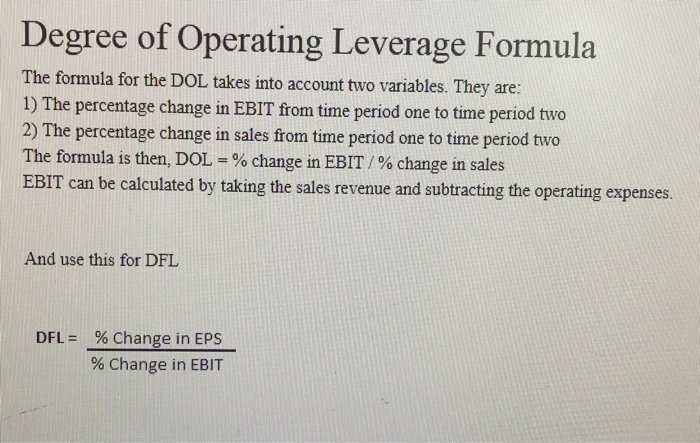 Solved Degree of Operating Leverage Formula The formula for | Chegg.com