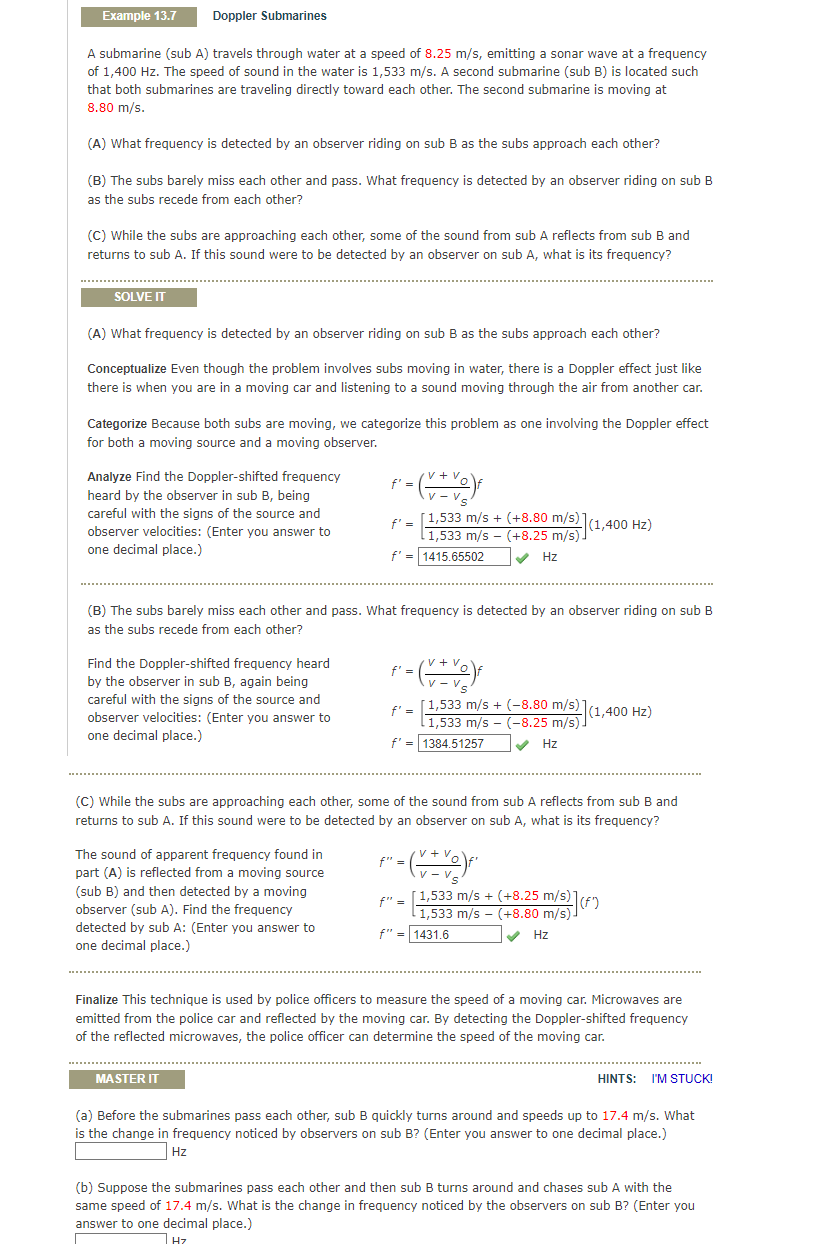Solved Example 13.7 Doppler Submarines A submarine (sub A) | Chegg.com