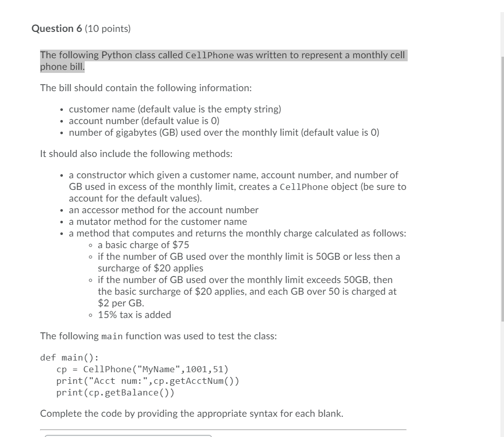 Solved Question 6 (10 points) The following Python class | Chegg.com