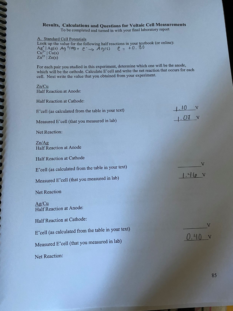 Solved PRE-LAB EXERCISE Name Experiment 9: Voltaic Cell | Chegg.com