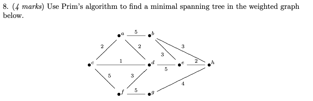 Solved 8. (4 marks) Use Prim’s algorithm to find a minimal | Chegg.com