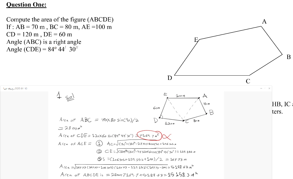 Solved Compute the area of the figure (ABCDE) If : AB=70 | Chegg.com