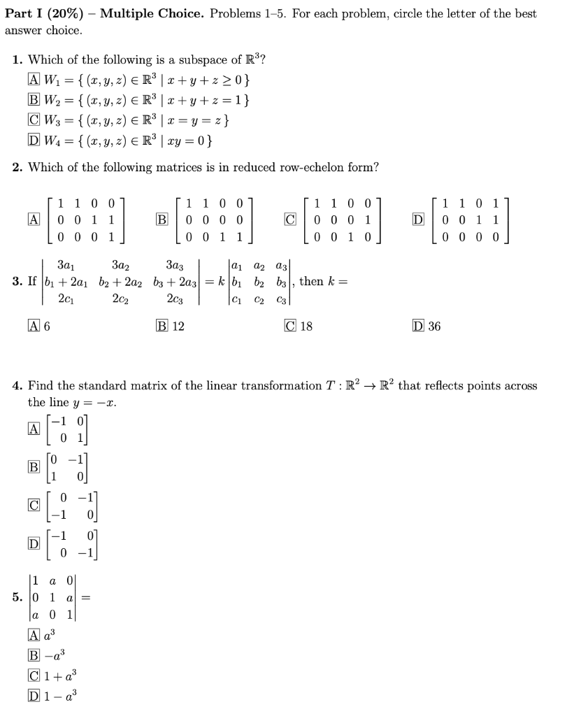 Solved Part I (20\%) - Multiple Choice. Problems 1-5. For | Chegg.com