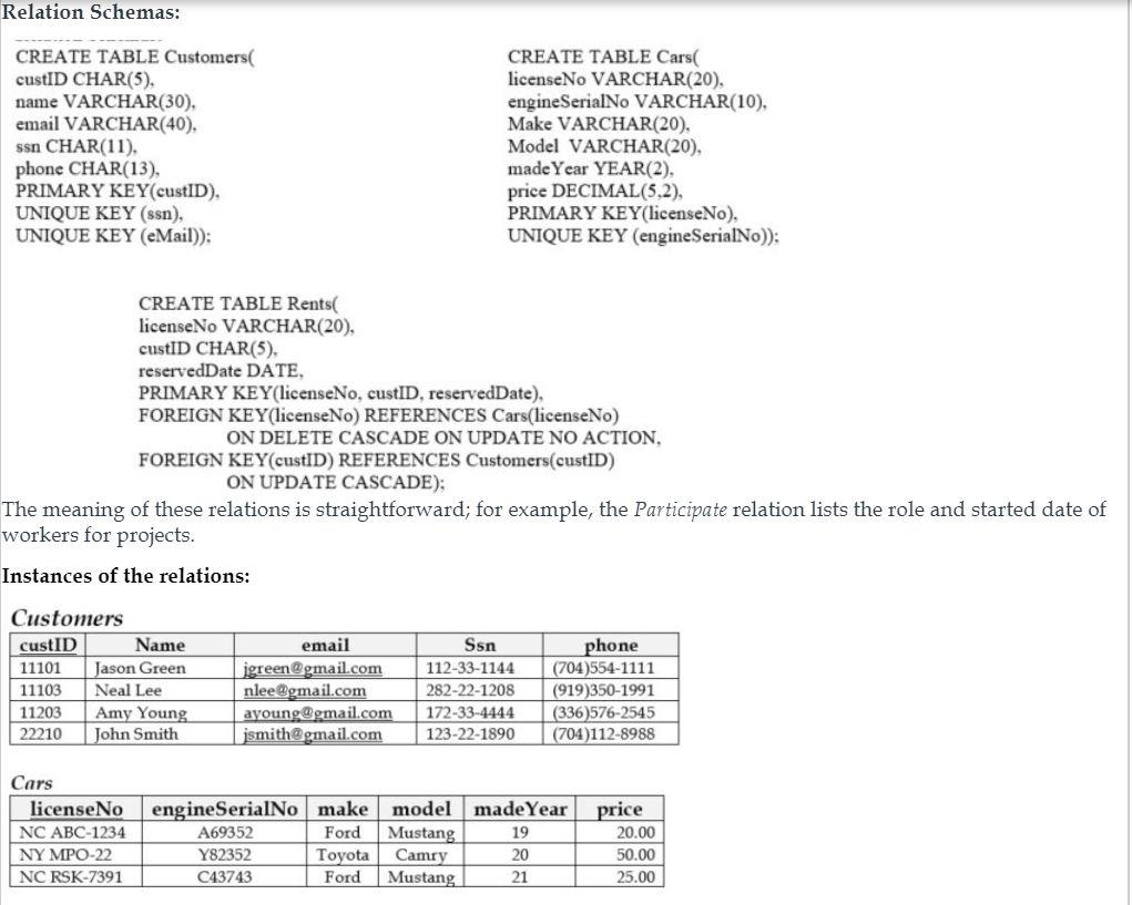Solved Relation Schemas: CREATE TABLE Customers custID | Chegg.com